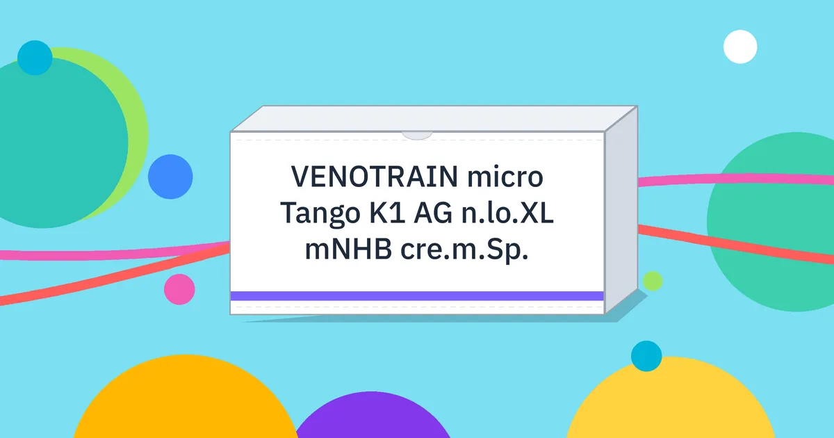 Symbolbild: Packung mit der Aufschrift VENOTRAIN micro Tango K1 AG n.lo.XL mNHB cre.m.Sp. (PZN 17757500) – Verfügbarkeit und Bezug in Apotheken in Frankfurt am Main