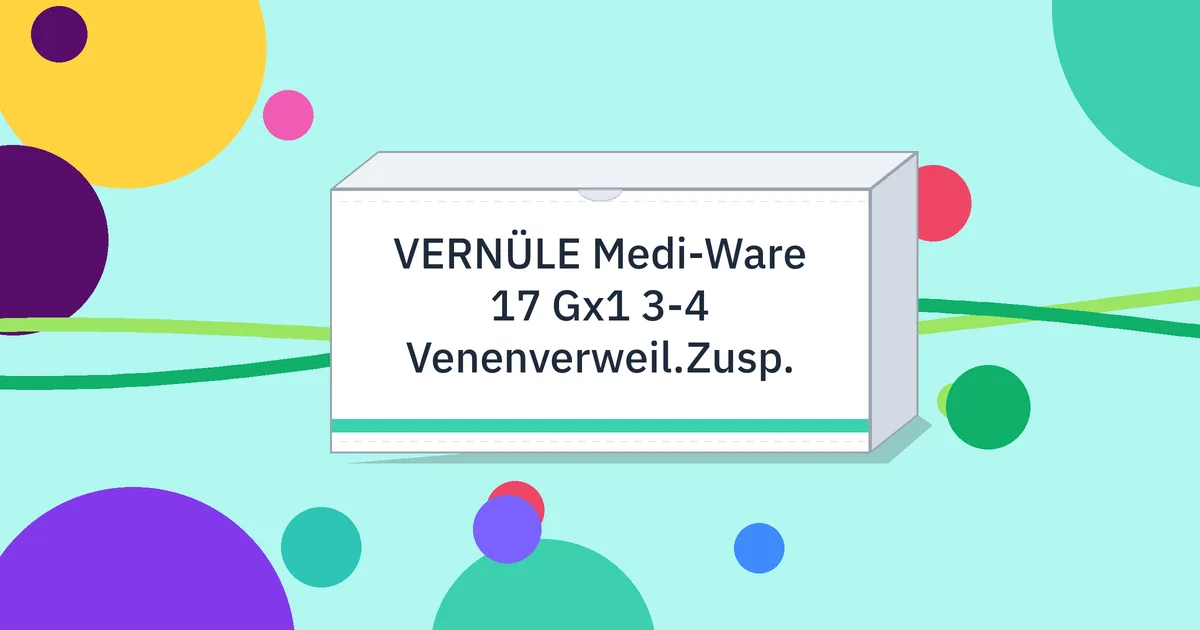 Symbolbild: Packung mit der Aufschrift VERNÜLE Medi-Ware 17 Gx1 3-4 Venenverweil.Zusp. (PZN 04303507) – Verfügbarkeit und Bezug in Apotheken in Frankfurt am Main