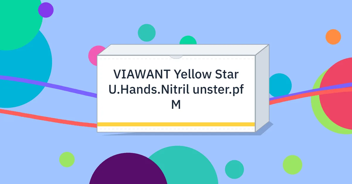 Symbolbild: Packung mit der Aufschrift VIAWANT Yellow Star U.Hands.Nitril unster.pf M (PZN 18389151) – Verfügbarkeit und Bezug in Apotheken in Frankfurt am Main