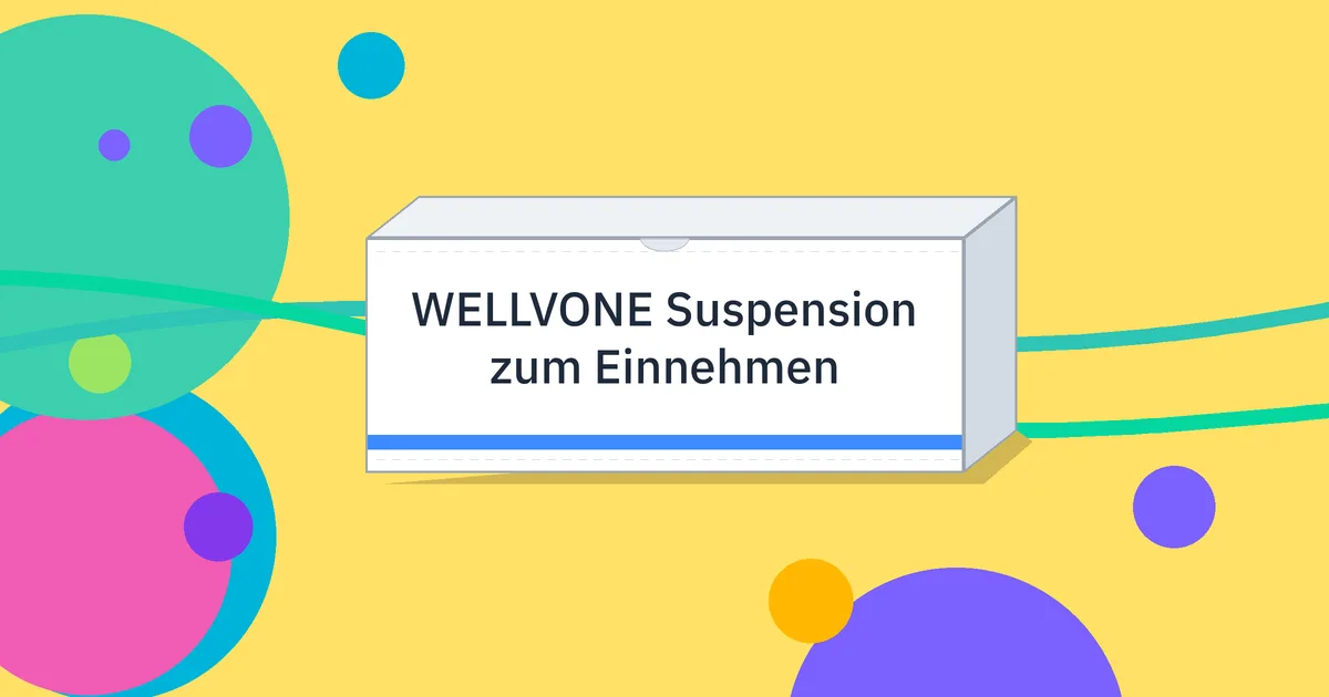 Symbolbild: Packung mit der Aufschrift WELLVONE Suspension zum Einnehmen (PZN 11288984) – Verfügbarkeit und Bezug in Apotheken in Frankfurt am Main
