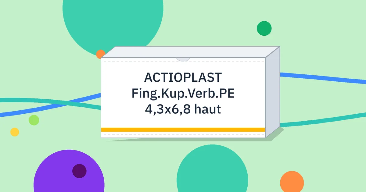 Symbolbild: Packung mit der Aufschrift ACTIOPLAST Fing.Kup.Verb.PE 4,3x6,8 haut (PZN 06589212) – Verfügbarkeit und Bezug in Apotheken in Frankfurt am Main