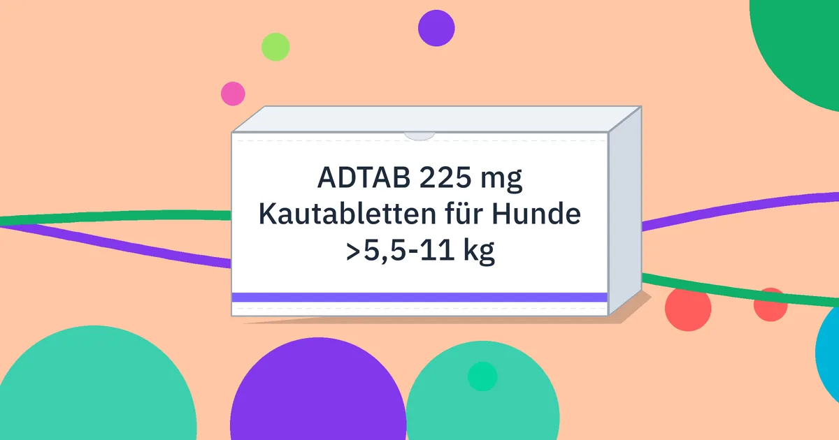 Symbolbild: Packung mit der Aufschrift ADTAB 225 mg Kautabletten für Hunde >5,5-11 kg (PZN 18752657) – Verfügbarkeit und Bezug in Apotheken in Frankfurt am Main
