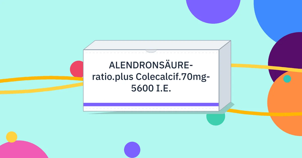 Symbolbild: Packung mit der Aufschrift ALENDRONSÄURE-ratio.plus Colecalcif.70mg-5600 I.E. (PZN 10250614) – Verfügbarkeit und Bezug in Apotheken in Frankfurt am Main