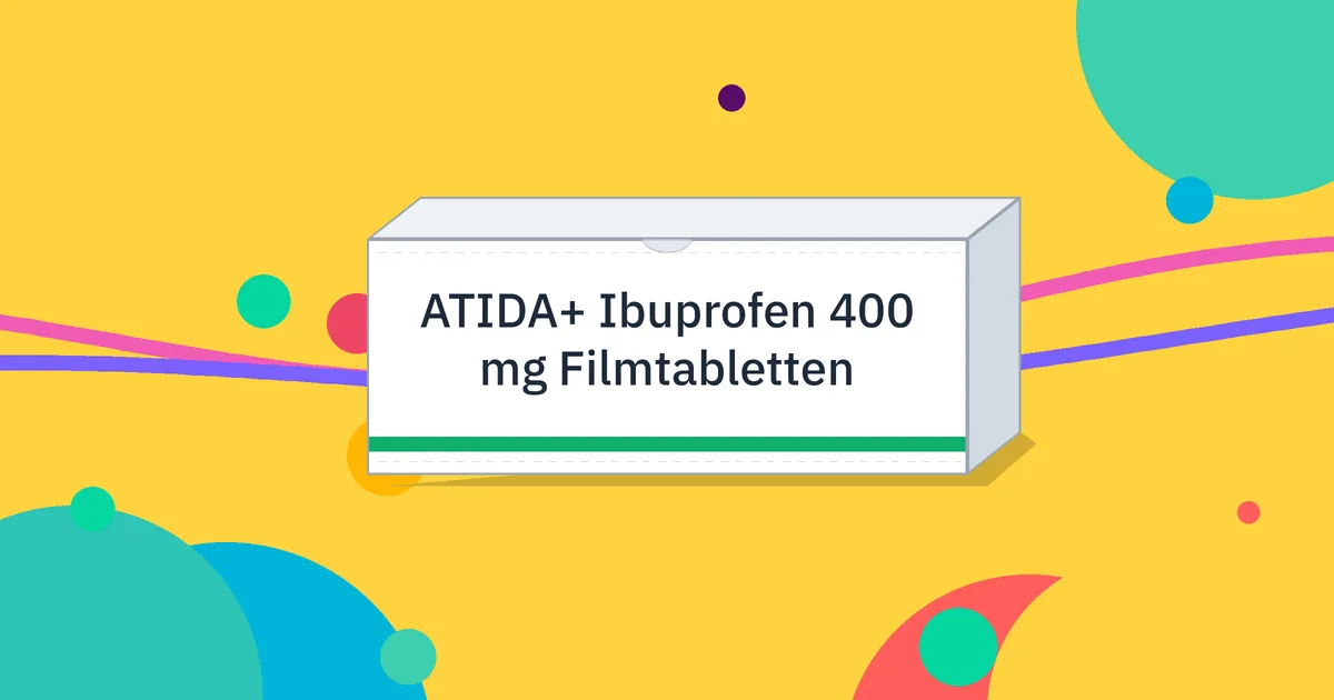 Symbolbild: Packung mit der Aufschrift ATIDA+ Ibuprofen 400 mg Filmtabletten (PZN 16730628) – Verfügbarkeit und Bezug in Apotheken in Frankfurt am Main