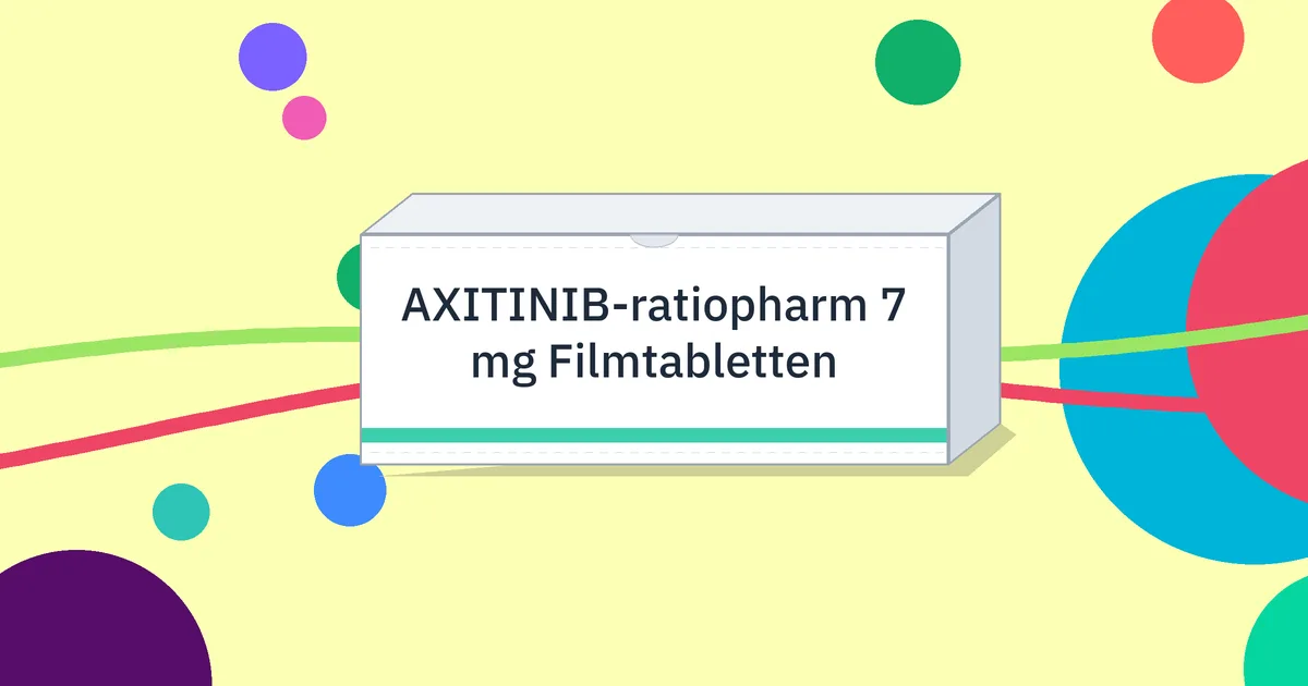 Symbolbild: Packung mit der Aufschrift AXITINIB-ratiopharm 7 mg Filmtabletten (PZN 19261772) – Verfügbarkeit und Bezug in Apotheken in Frankfurt am Main