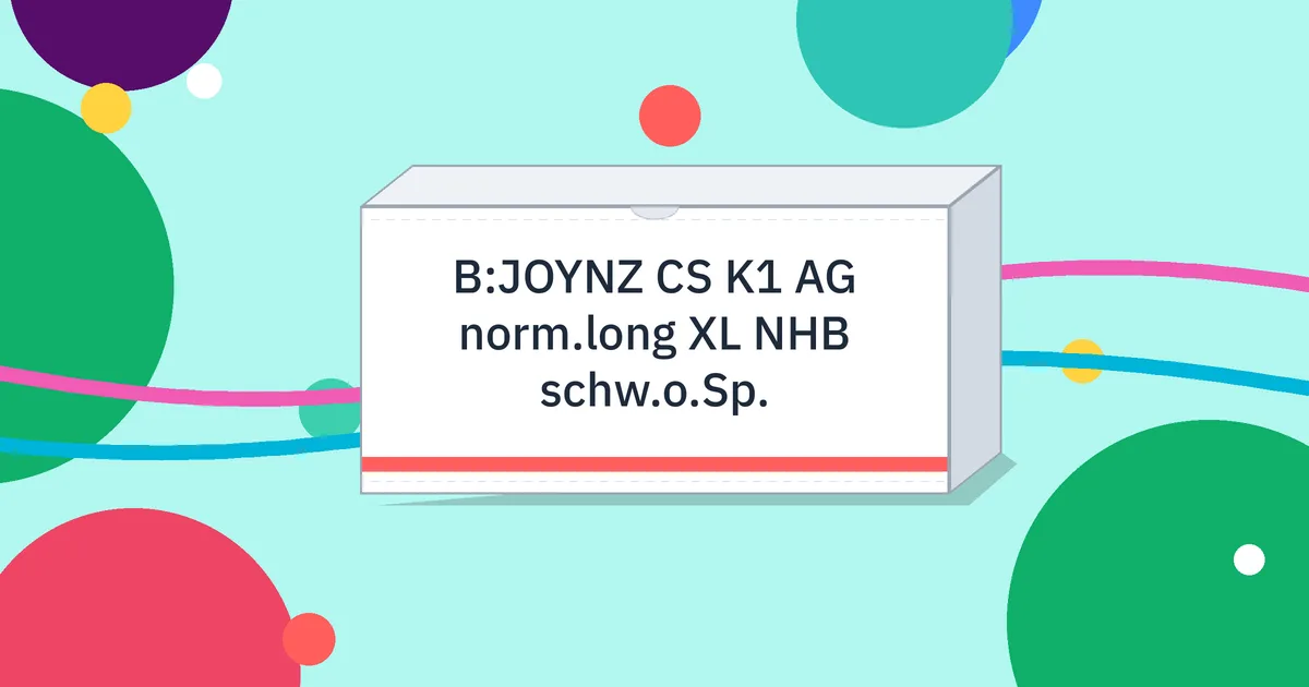 Symbolbild: Packung mit der Aufschrift B:JOYNZ CS K1 AG norm.long XL NHB schw.o.Sp. (PZN 20534488) – Verfügbarkeit und Bezug in Apotheken in Frankfurt am Main