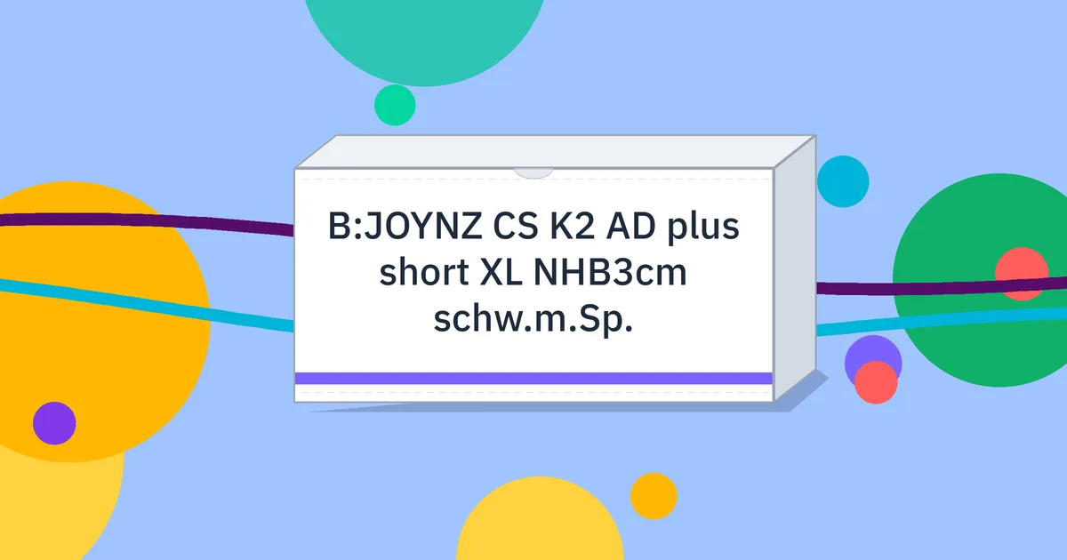 Symbolbild: Packung mit der Aufschrift B:JOYNZ CS K2 AD plus short XL NHB3cm schw.m.Sp. (PZN 20527100) – Verfügbarkeit und Bezug in Apotheken in Frankfurt am Main