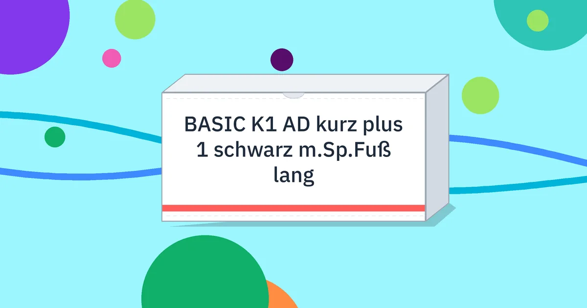 Symbolbild: Packung mit der Aufschrift BASIC K1 AD kurz plus 1 schwarz m.Sp.Fuß lang (PZN 20256931) – Verfügbarkeit und Bezug in Apotheken in Frankfurt am Main