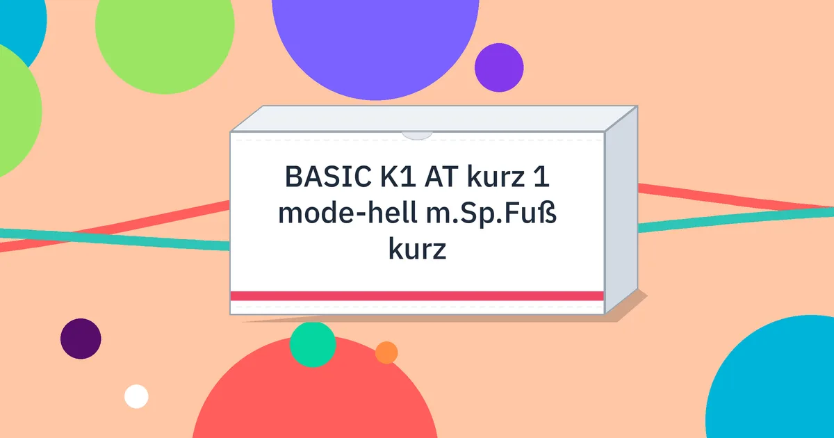 Symbolbild: Packung mit der Aufschrift BASIC K1 AT kurz 1 mode-hell m.Sp.Fuß kurz (PZN 20262185) – Verfügbarkeit und Bezug in Apotheken in Frankfurt am Main