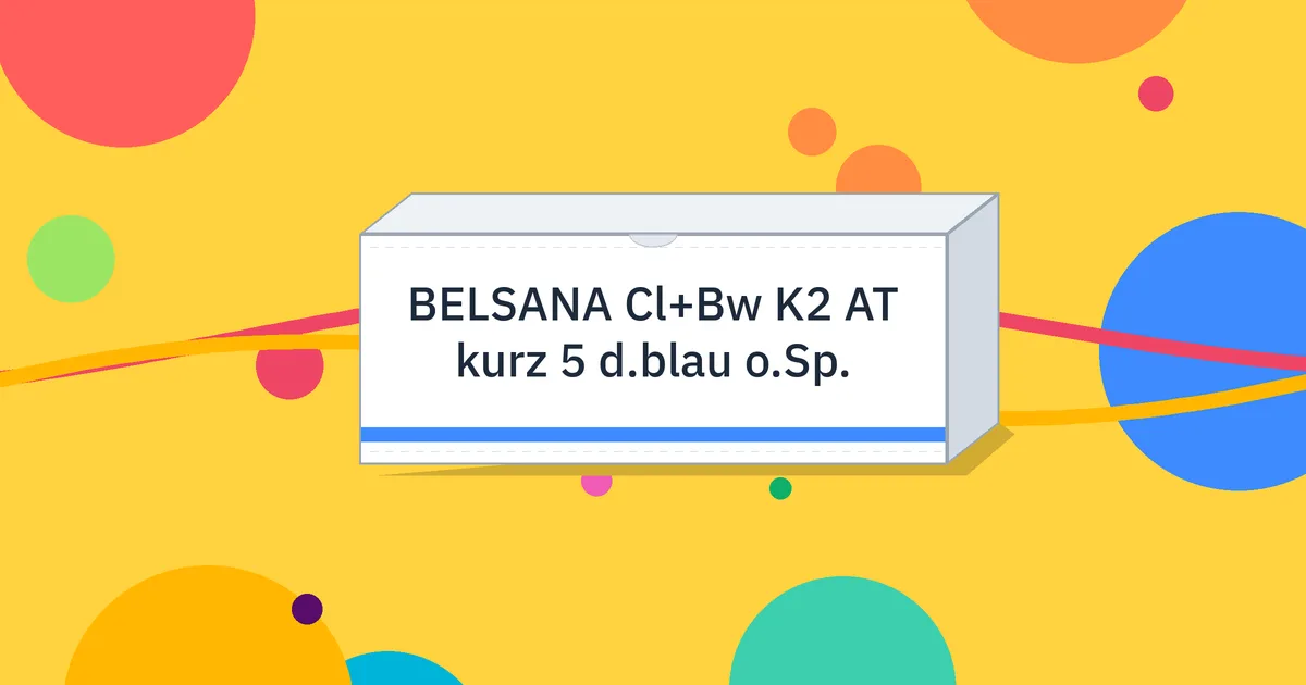 Symbolbild: Packung mit der Aufschrift BELSANA Cl+Bw K2 AT kurz 5 d.blau o.Sp. (PZN 15628000) – Verfügbarkeit und Bezug in Apotheken in Frankfurt am Main