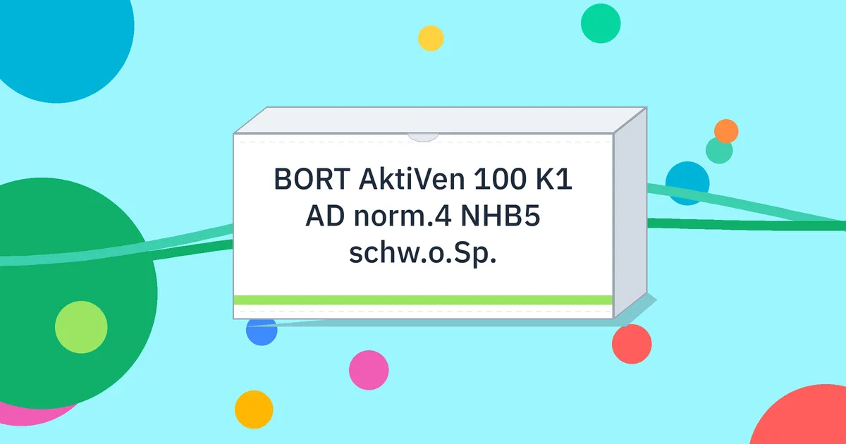 Symbolbild: Packung mit der Aufschrift BORT AktiVen 100 K1 AD norm.4 NHB5 schw.o.Sp. (PZN 17497217) – Verfügbarkeit und Bezug in Apotheken in Frankfurt am Main
