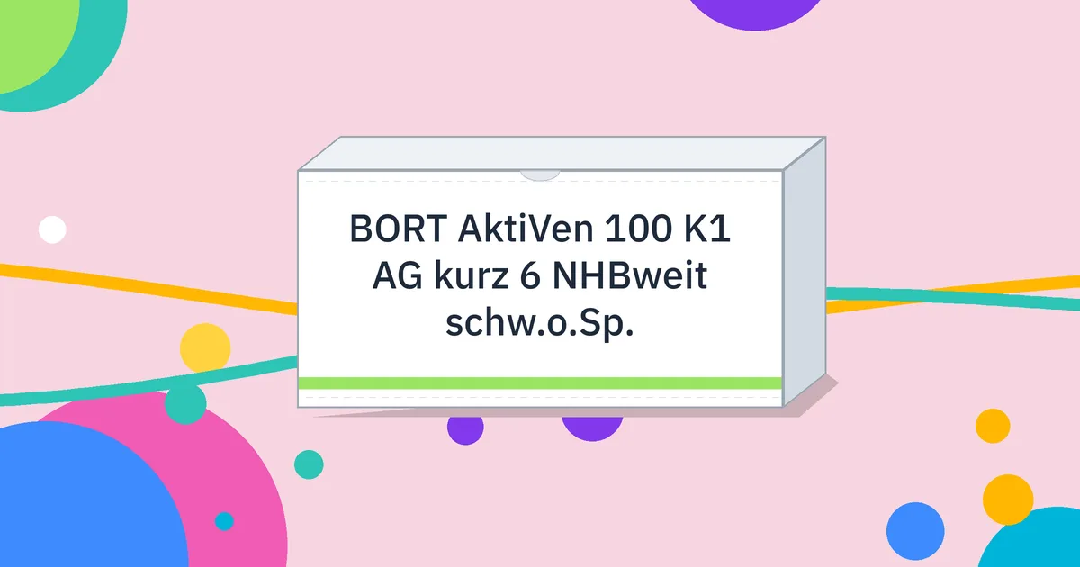 Symbolbild: Packung mit der Aufschrift BORT AktiVen 100 K1 AG kurz 6 NHBweit schw.o.Sp. (PZN 14387824) – Verfügbarkeit und Bezug in Apotheken in Frankfurt am Main