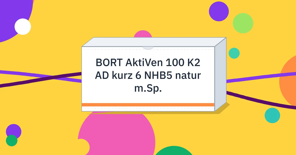 Symbolbild: Packung mit der Aufschrift BORT AktiVen 100 K2 AD kurz 6 NHB5 natur m.Sp. (PZN 17494070) – Verfügbarkeit und Bezug in Apotheken in Frankfurt am Main