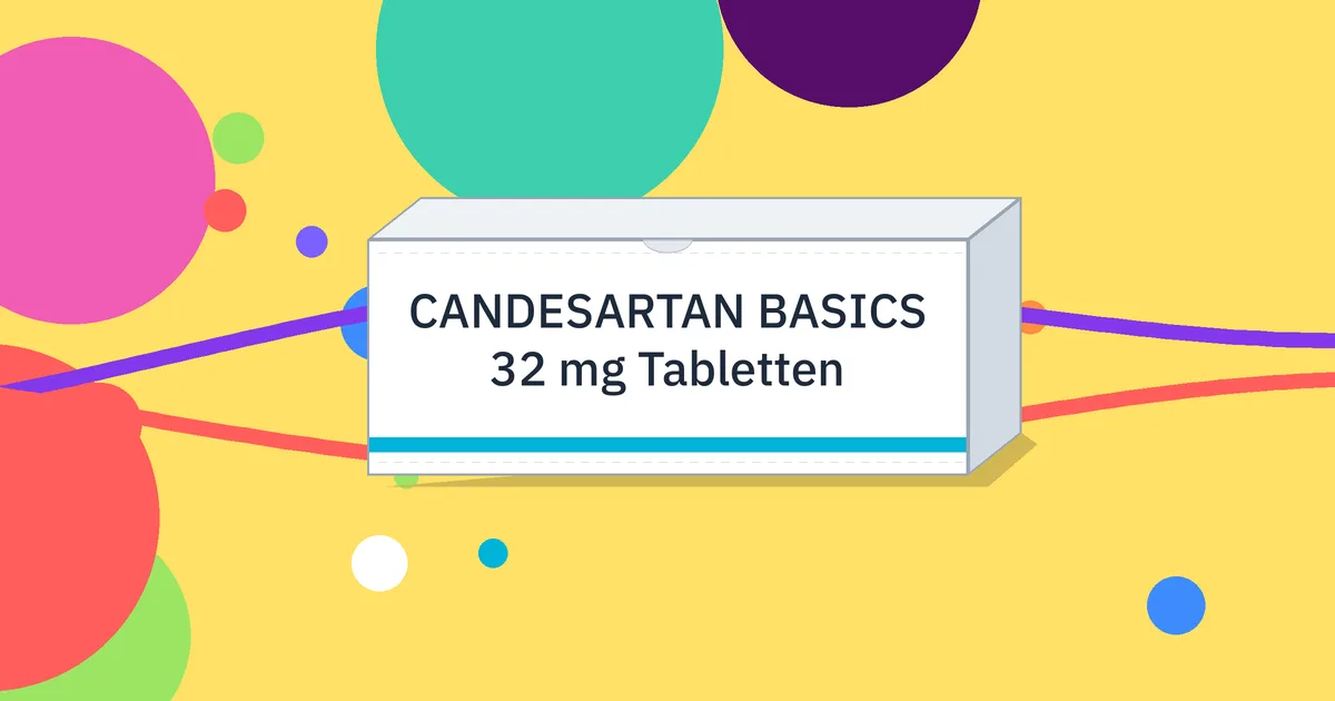 Symbolbild: Packung mit der Aufschrift CANDESARTAN BASICS 32 mg Tabletten (PZN 09482874) – Verfügbarkeit und Bezug in Apotheken in Frankfurt am Main