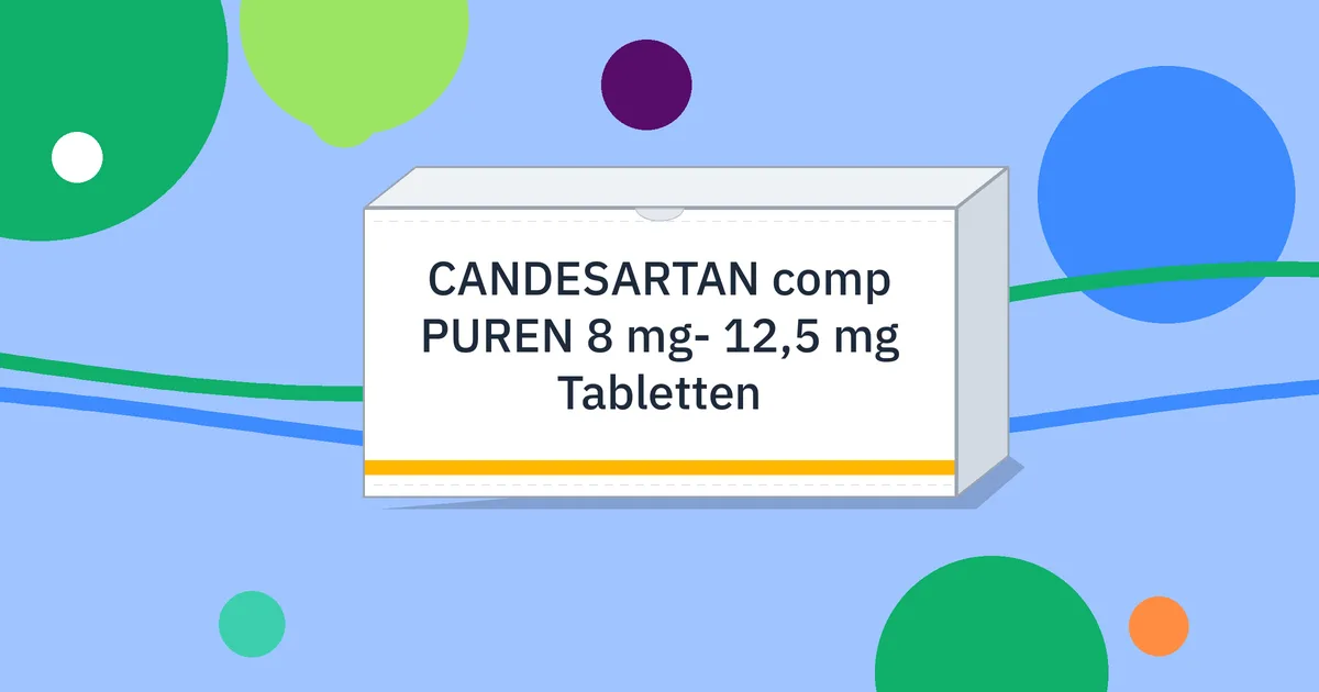 Symbolbild: Packung mit der Aufschrift CANDESARTAN comp PUREN 8 mg- 12,5 mg Tabletten (PZN 11353931) – Verfügbarkeit und Bezug in Apotheken in Frankfurt am Main