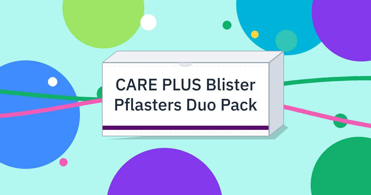 Symbolbild: Packung mit der Aufschrift CARE PLUS Blister Pflasters Duo Pack (PZN 18675997) – Verfügbarkeit und Bezug in Apotheken in Frankfurt am Main