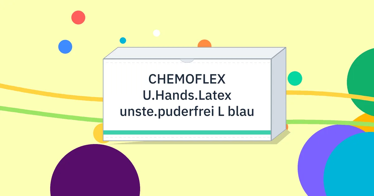 Symbolbild: Packung mit der Aufschrift CHEMOFLEX U.Hands.Latex unste.puderfrei L blau (PZN 18601674) – Verfügbarkeit und Bezug in Apotheken in Frankfurt am Main