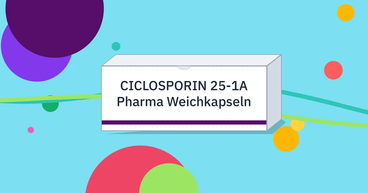 Symbolbild: Packung mit der Aufschrift CICLOSPORIN 25-1A Pharma Weichkapseln (PZN 02725919) – Verfügbarkeit und Bezug in Apotheken in Frankfurt am Main