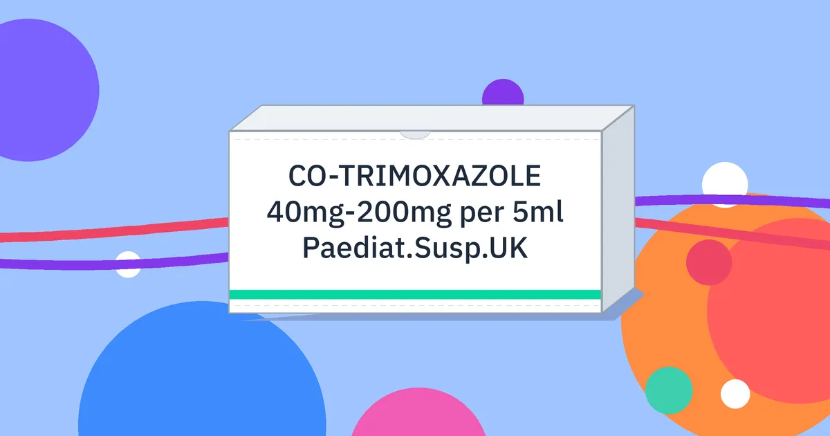 Symbolbild: Packung mit der Aufschrift CO-TRIMOXAZOLE 40mg-200mg per 5ml Paediat.Susp.UK (PZN 18398606) – Verfügbarkeit und Bezug in Apotheken in Frankfurt am Main