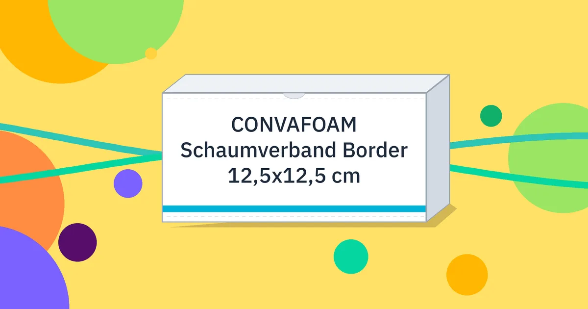 Symbolbild: Packung mit der Aufschrift CONVAFOAM Schaumverband Border 12,5x12,5 cm (PZN 20629237) – Verfügbarkeit und Bezug in Apotheken in Frankfurt am Main