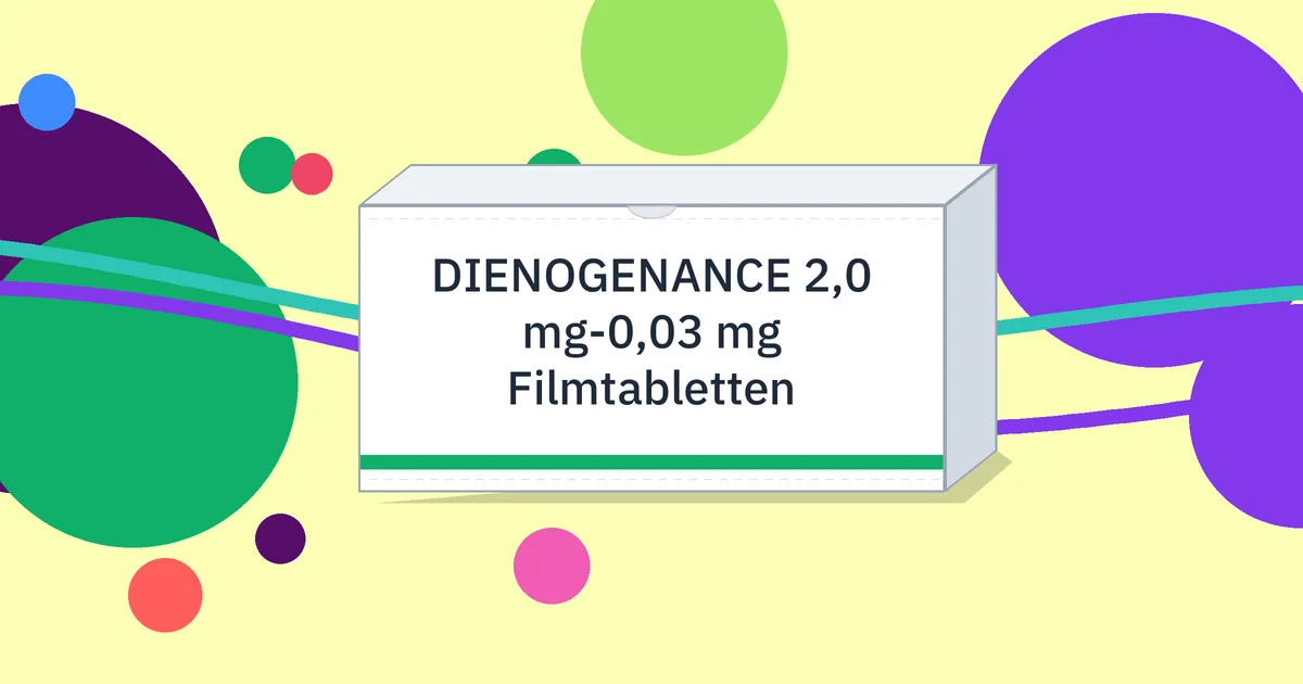 Symbolbild: Packung mit der Aufschrift DIENOGENANCE 2,0 mg-0,03 mg Filmtabletten (PZN 10395034) – Verfügbarkeit und Bezug in Apotheken in Frankfurt am Main