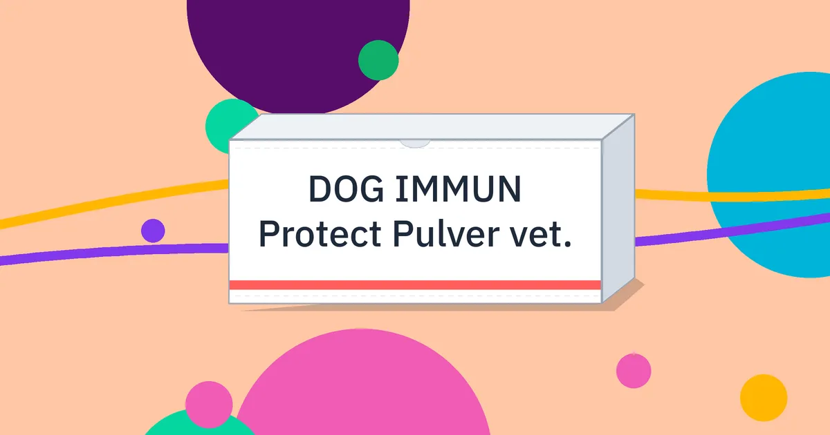 Symbolbild: Packung mit der Aufschrift DOG IMMUN Protect Pulver vet. (PZN 06086698) – Verfügbarkeit und Bezug in Apotheken in Frankfurt am Main