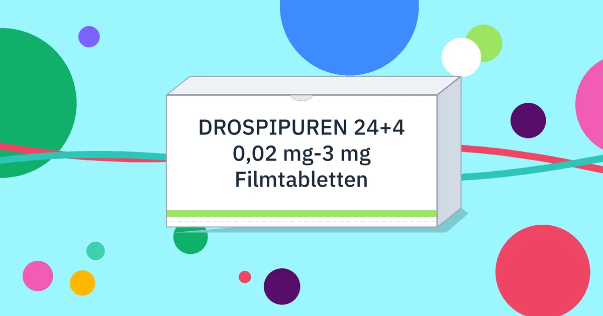 Symbolbild: Packung mit der Aufschrift DROSPIPUREN 24+4 0,02 mg-3 mg Filmtabletten (PZN 12202619) – Verfügbarkeit und Bezug in Apotheken in Frankfurt am Main