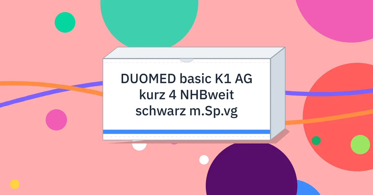 Symbolbild: Packung mit der Aufschrift DUOMED basic K1 AG kurz 4 NHBweit schwarz m.Sp.vg (PZN 20905186) – Verfügbarkeit und Bezug in Apotheken in Frankfurt am Main