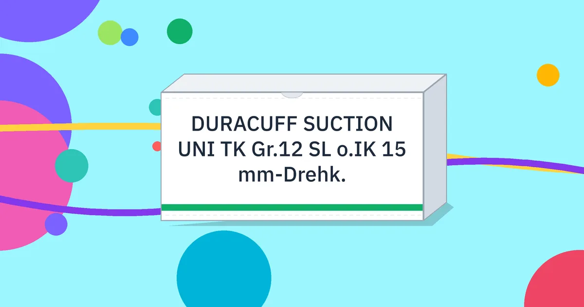 Symbolbild: Packung mit der Aufschrift DURACUFF SUCTION UNI TK Gr.12 SL o.IK 15 mm-Drehk. (PZN 02701089) – Verfügbarkeit und Bezug in Apotheken in Frankfurt am Main
