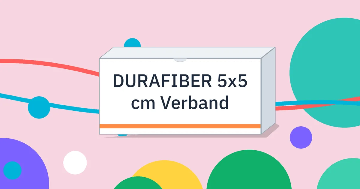 Symbolbild: Packung mit der Aufschrift DURAFIBER 5x5 cm Verband (PZN 20080320) – Verfügbarkeit und Bezug in Apotheken in Frankfurt am Main
