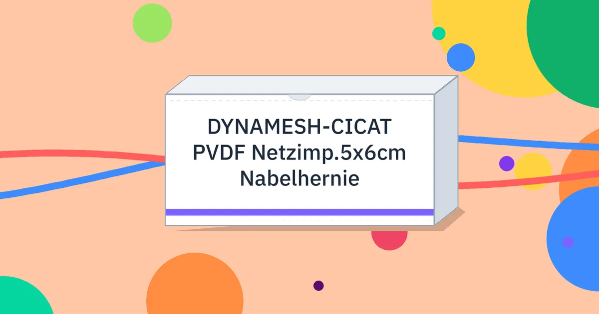 Symbolbild: Packung mit der Aufschrift DYNAMESH-CICAT PVDF Netzimp.5x6cm Nabelhernie (PZN 19372508) – Verfügbarkeit und Bezug in Apotheken in Frankfurt am Main