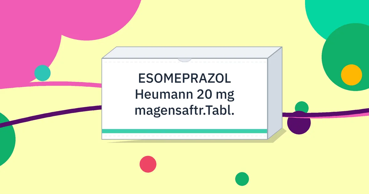 Symbolbild: Packung mit der Aufschrift ESOMEPRAZOL Heumann 20 mg magensaftr.Tabl. (PZN 08850212) – Verfügbarkeit und Bezug in Apotheken in Frankfurt am Main