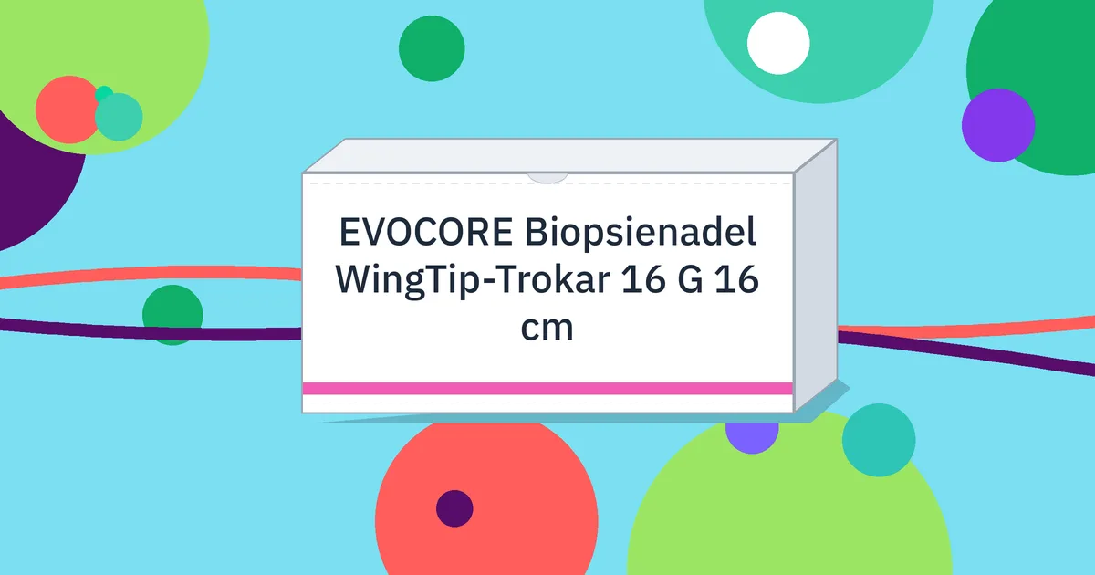 Symbolbild: Packung mit der Aufschrift EVOCORE Biopsienadel WingTip-Trokar 16 G 16 cm (PZN 11655460) – Verfügbarkeit und Bezug in Apotheken in Frankfurt am Main