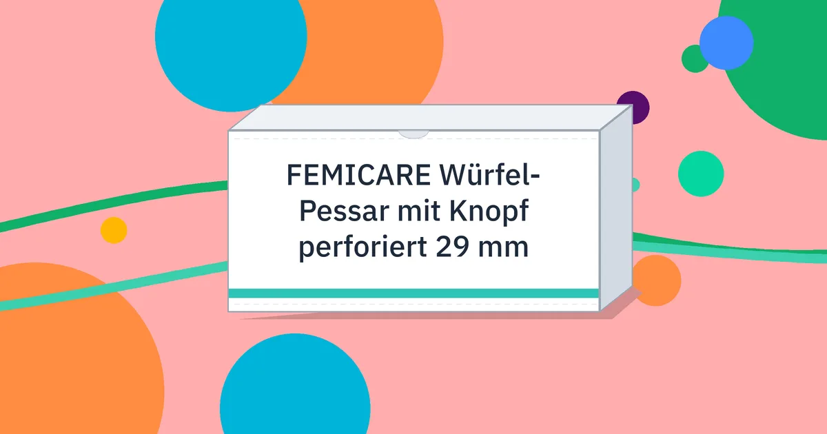 Symbolbild: Packung mit der Aufschrift FEMICARE Würfel-Pessar mit Knopf perforiert 29 mm (PZN 19335909) – Verfügbarkeit und Bezug in Apotheken in Frankfurt am Main