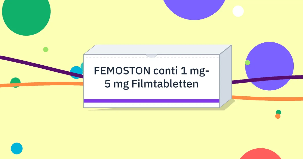 Symbolbild: Packung mit der Aufschrift FEMOSTON conti 1 mg-5 mg Filmtabletten (PZN 00018419) – Verfügbarkeit und Bezug in Apotheken in Frankfurt am Main