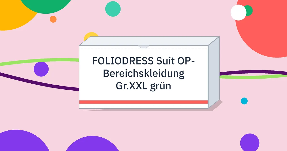 Symbolbild: Packung mit der Aufschrift FOLIODRESS Suit OP-Bereichskleidung Gr.XXL grün (PZN 00071572) – Verfügbarkeit und Bezug in Apotheken in Frankfurt am Main