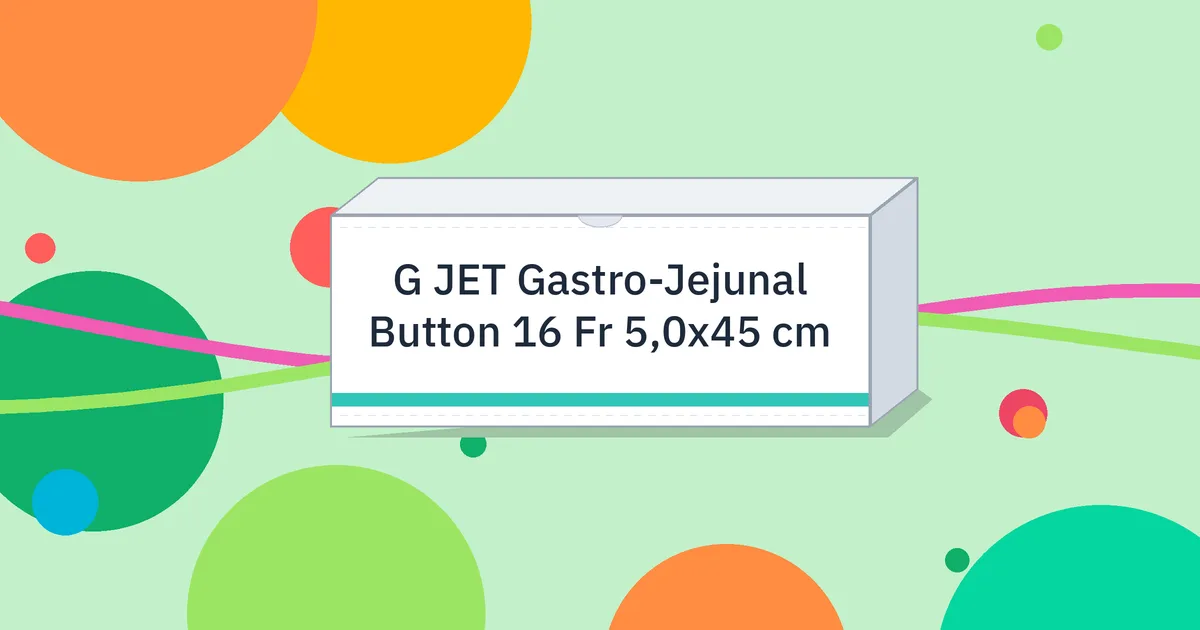 Symbolbild: Packung mit der Aufschrift G JET Gastro-Jejunal Button 16 Fr 5,0x45 cm (PZN 14347032) – Verfügbarkeit und Bezug in Apotheken in Frankfurt am Main