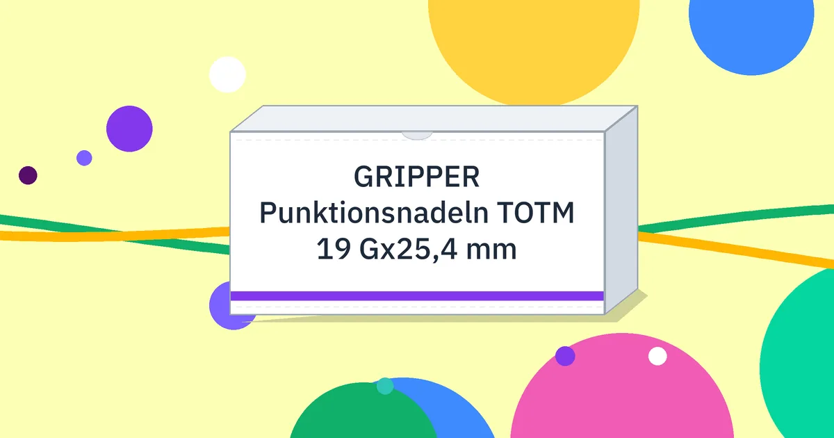 Symbolbild: Packung mit der Aufschrift GRIPPER Punktionsnadeln TOTM 19 Gx25,4 mm (PZN 01104888) – Verfügbarkeit und Bezug in Apotheken in Frankfurt am Main