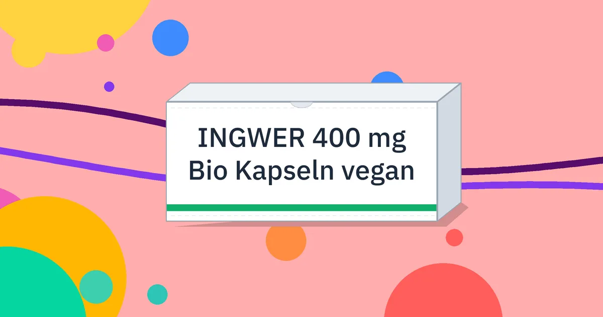 Symbolbild: Packung mit der Aufschrift INGWER 400 mg Bio Kapseln vegan (PZN 18094993) – Verfügbarkeit und Bezug in Apotheken in Frankfurt am Main