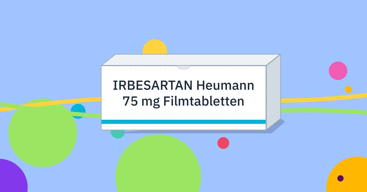 Symbolbild: Packung mit der Aufschrift IRBESARTAN Heumann 75 mg Filmtabletten (PZN 19129593) – Verfügbarkeit und Bezug in Apotheken in Frankfurt am Main