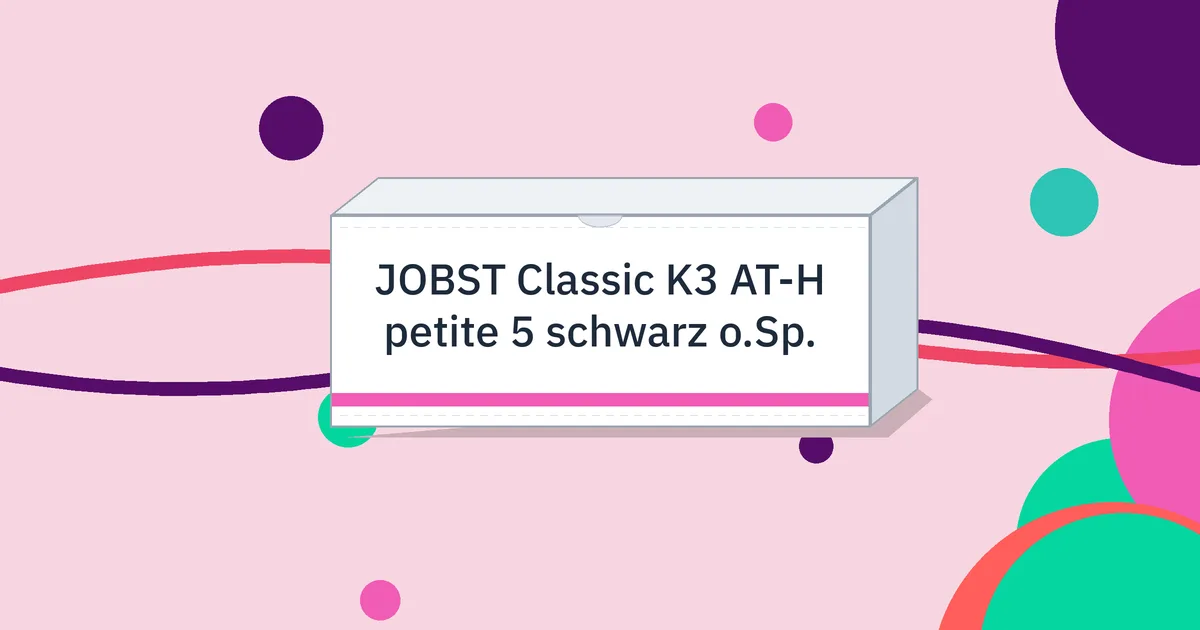 Symbolbild: Packung mit der Aufschrift JOBST Classic K3 AT-H petite 5 schwarz o.Sp. (PZN 13077056) – Verfügbarkeit und Bezug in Apotheken in Frankfurt am Main