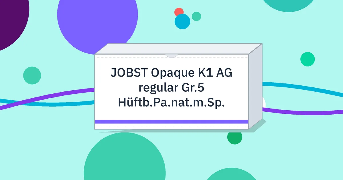 Symbolbild: Packung mit der Aufschrift JOBST Opaque K1 AG regular Gr.5 Hüftb.Pa.nat.m.Sp. (PZN 13100588) – Verfügbarkeit und Bezug in Apotheken in Frankfurt am Main