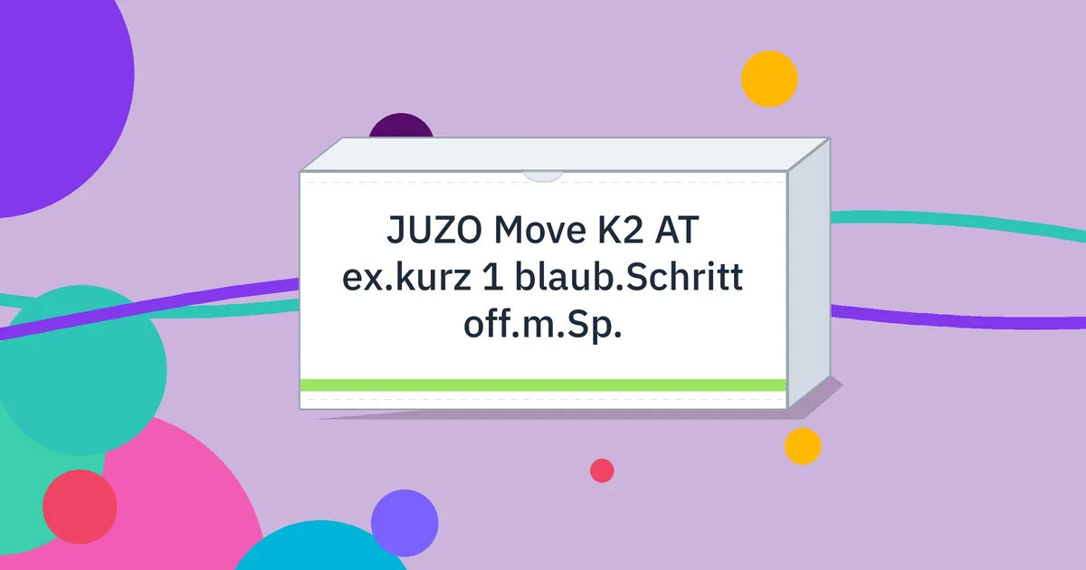 Symbolbild: Packung mit der Aufschrift JUZO Move K2 AT ex.kurz 1 blaub.Schritt off.m.Sp. (PZN 20671311) – Verfügbarkeit und Bezug in Apotheken in Frankfurt am Main