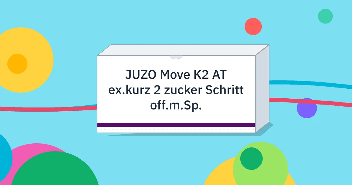 Symbolbild: Packung mit der Aufschrift JUZO Move K2 AT ex.kurz 2 zucker Schritt off.m.Sp. (PZN 20671021) – Verfügbarkeit und Bezug in Apotheken in Frankfurt am Main