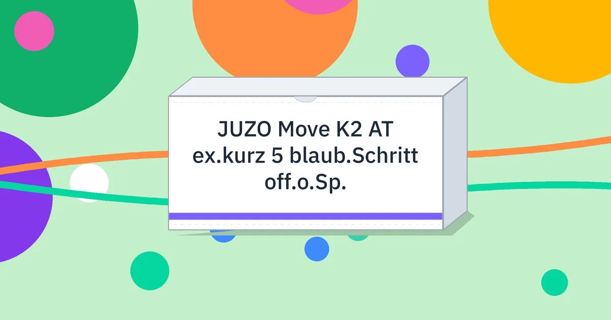 Symbolbild: Packung mit der Aufschrift JUZO Move K2 AT ex.kurz 5 blaub.Schritt off.o.Sp. (PZN 20672894) – Verfügbarkeit und Bezug in Apotheken in Frankfurt am Main