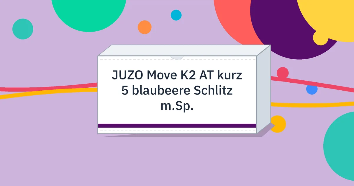 Symbolbild: Packung mit der Aufschrift JUZO Move K2 AT kurz 5 blaubeere Schlitz m.Sp. (PZN 20674947) – Verfügbarkeit und Bezug in Apotheken in Frankfurt am Main