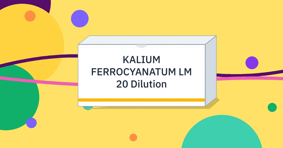 Symbolbild: Packung mit der Aufschrift KALIUM FERROCYANATUM LM 20 Dilution (PZN 12921113) – Verfügbarkeit und Bezug in Apotheken in Frankfurt am Main
