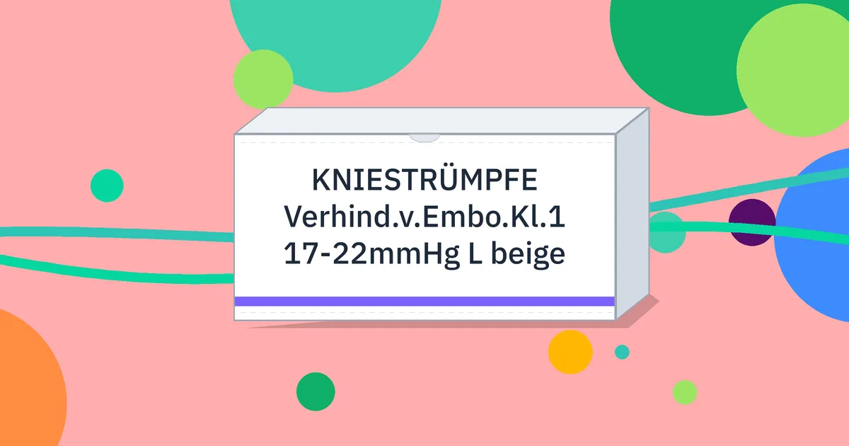 Symbolbild: Packung mit der Aufschrift KNIESTRÜMPFE Verhind.v.Embo.Kl.1 17-22mmHg L beige (PZN 19072628) – Verfügbarkeit und Bezug in Apotheken in Frankfurt am Main