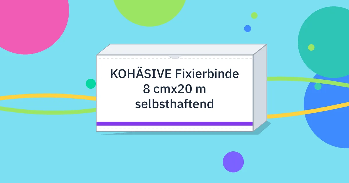 Symbolbild: Packung mit der Aufschrift KOHÄSIVE Fixierbinde 8 cmx20 m selbsthaftend (PZN 17542691) – Verfügbarkeit und Bezug in Apotheken in Frankfurt am Main