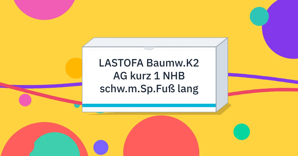 Symbolbild: Packung mit der Aufschrift LASTOFA Baumw.K2 AG kurz 1 NHB schw.m.Sp.Fuß lang (PZN 01947730) – Verfügbarkeit und Bezug in Apotheken in Frankfurt am Main